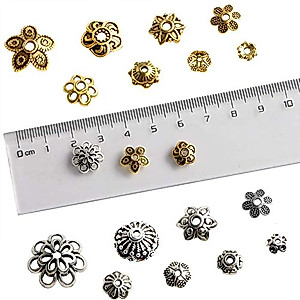 FEBSNOW About 160Pcs Spacer Beads Caps, Bali Style Mixed Tibetan Silver and Antique Gold Flower Bead Caps for Bracelet Necklace Earrings Jewelry Making Supplies