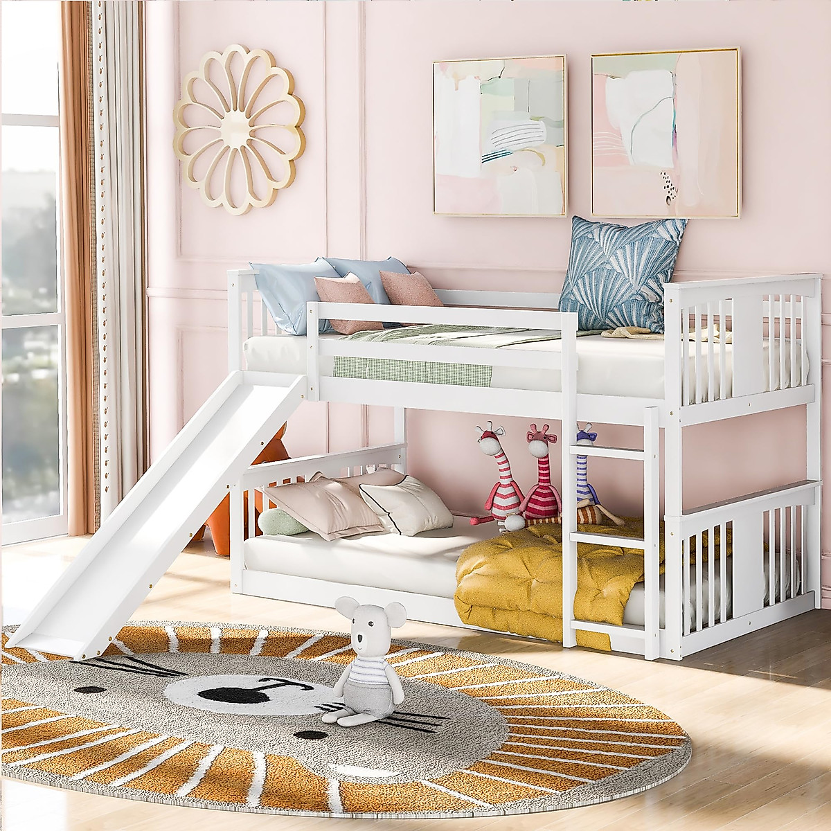 Montessori Floor Bunk Bed Twin Over Twin, Twin Bunk Bed with Slide and Ladder, Kids Bunk Beds with Guardrail Headboard and Footboard, Low Bunk Beds for Kids, Boys, Girls, Twin Bunk Bed White
