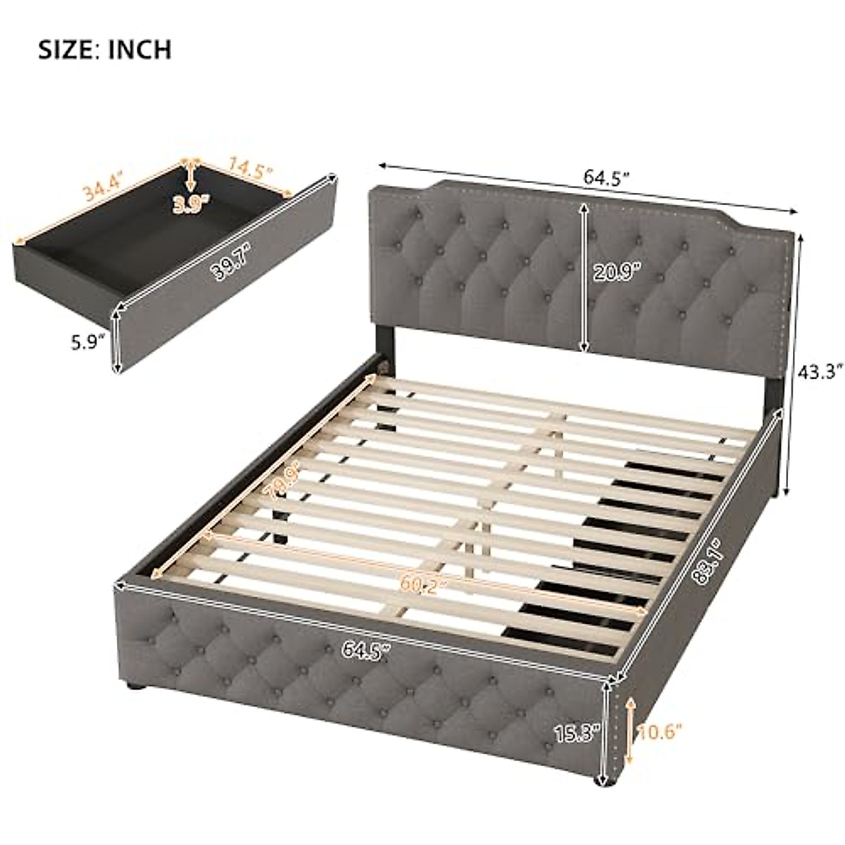 HBRR Queen Size Bed Frame with 2 Drawers and 2 Sets of USB Ports, Upholstered Platform Bed with Button-Tufted Headboard, Wooden Slats Support, No Box Spring Needed, Gray