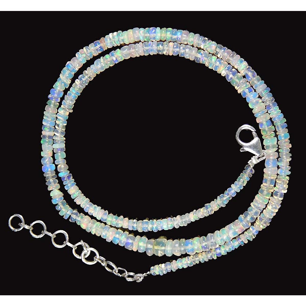 Myhealingworld Natural White Base Ethiopian Opal Gemstone Beads 16 Inch Beaded Necklace with Additional 2 inch 92.5 Sterling Silver Extension. Bead Size Varies from 2mm to 5mm.