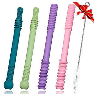 Teether Tubes for Babies 6 12 18 Months, 4 Pack Hollow Straw Toddler Teether Toys for molars, Silicone Chew Tube for Sensory Kids with Chewing or Other Special Needs, BPA Free Dishwasher Freezer Safe