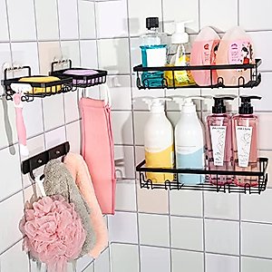 E-HAO Adhesive Shower Caddy Shelf Organizer (2 Pack) with 2 Soap Dishes & 1Towel Hook. 304 Stainless Steel shower Shelves Bathroom Basket Rack for Shower Kitchen Storage