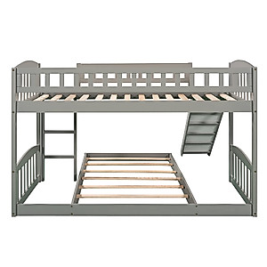 Harper & Bright Designs Low Bunk Bed Twin Over Twin, Wood Floor Bunk Bed with Slide and Ladder, L-Shape Bunk Bed for Kids Toddlers Teens Boys & Girls (Gray)