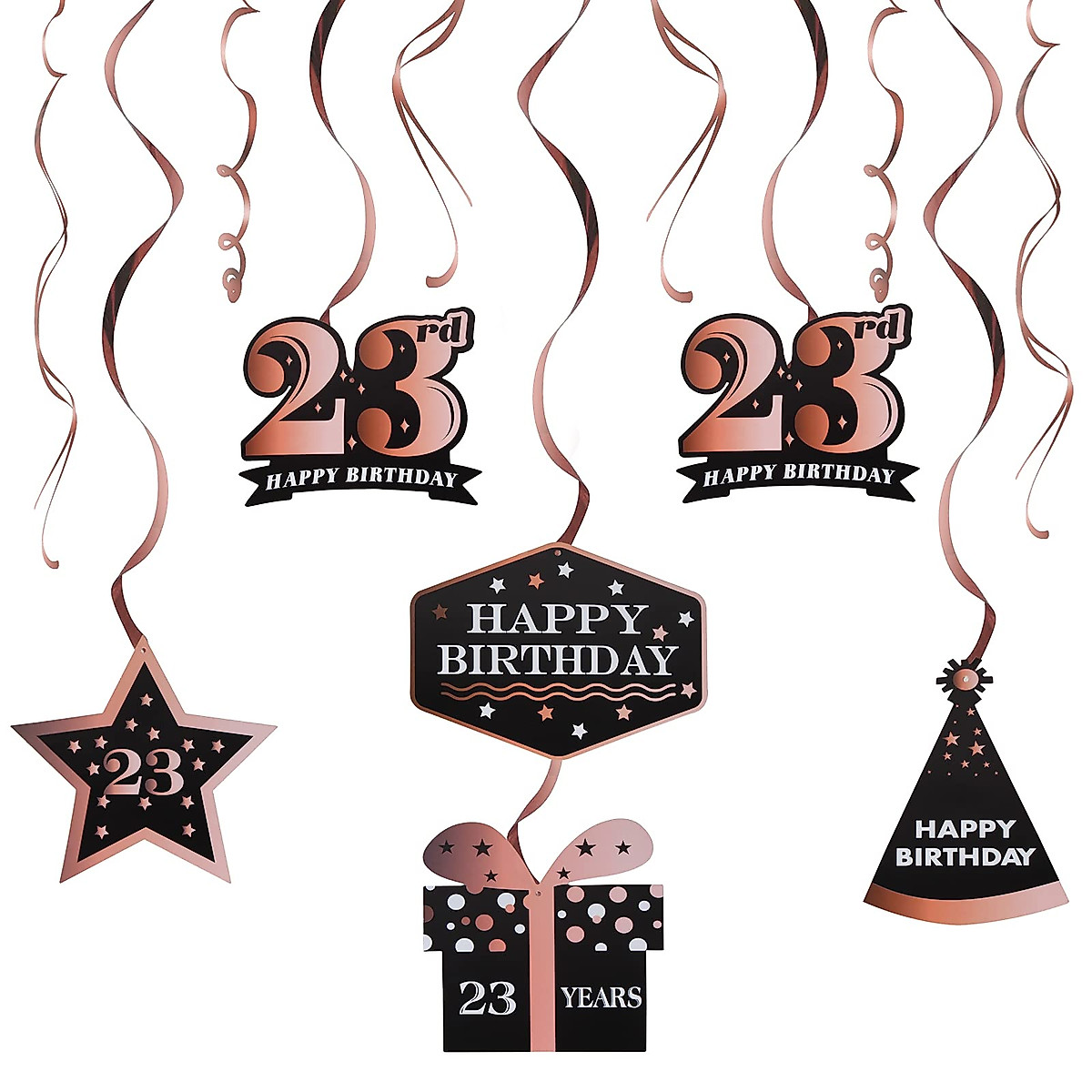 LINGTEER Happy 23rd Birthday Decorations,23rd Birthday Black with Rose Swirls Hanging Streamer Kit,Cheers to 23 Years Old Bday Foil Party Photo Backdrop Supplies.