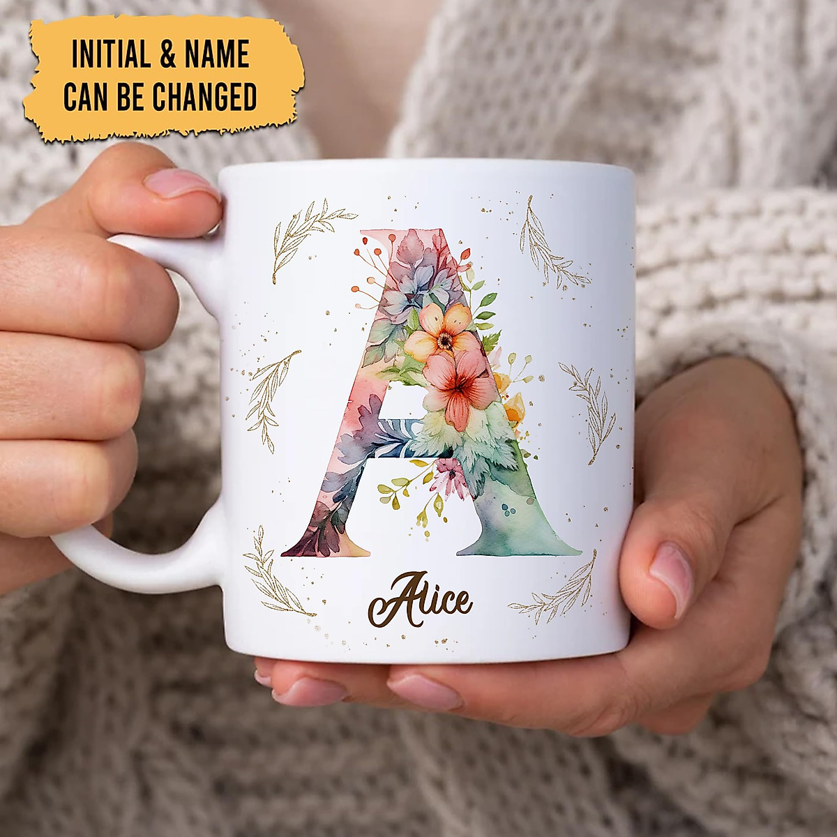 Hyturtle Personalized Initial Coffee Mug With Name - Monogram Birthday Christmas Gifts For Girls Women - Floral Letter A Alphabet 11oz White Ceramic Coffee Tea Mug -Custom Name & Initial A-Z Tea Cup