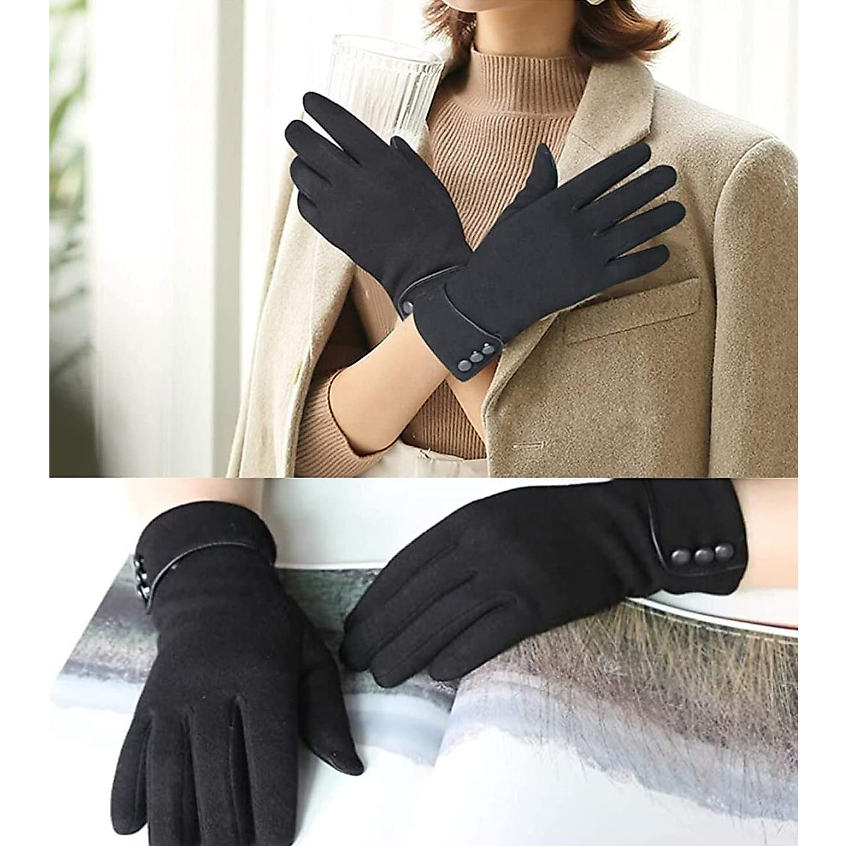 Tomily Womens Touch Screen Phone Fleece Windproof Gloves Winter Warm Wear (Black)