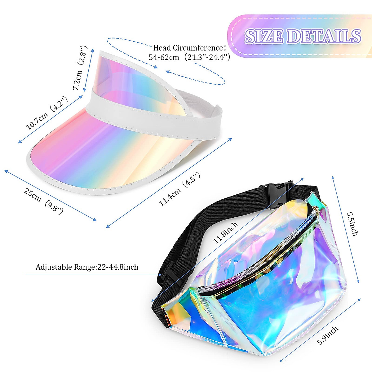 10 Pack Sun Visor Hats Women Colored Beach Golf Cap and Holographic Zipper Fanny Packs PVC Clear Waist Bag for Outdoor Sports Festivals Party Concerts