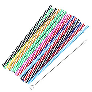 Cabilock 25PCS Reusable Straws Colored Threaded Straws with Cleaning Brush for Party Supplies, Birthday, Wedding