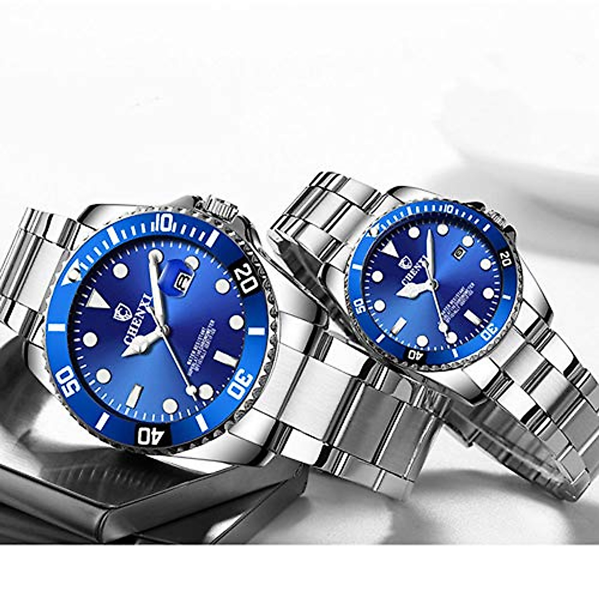 MASTOP Couple Watches Classic Golden Stainless Steel Watch His and Hers Waterproof Quartz Watch (Silver Blue)