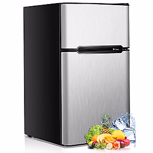 Nafort Mini Fridge with Freezer, 3.2Cu.ft 2-Door Compact Refrigerator with Reversible Door, Removable Glass Basket/Shelves & Recessed Handle for Home, Bedroom, Office, Dorm, Garage (Grey)