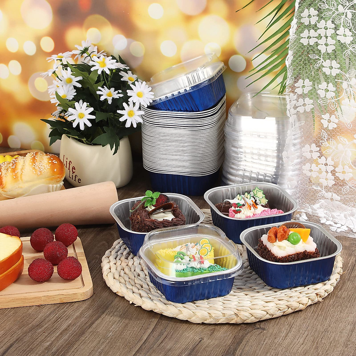 50 Pcs Aluminum Foil Baking Cups with Lids 10 oz Square Baking Cups Disposable Ramekins with Lids for Flans Snacks Pudding Pan Tin Wedding Catering Party Favor (Royal Blue)