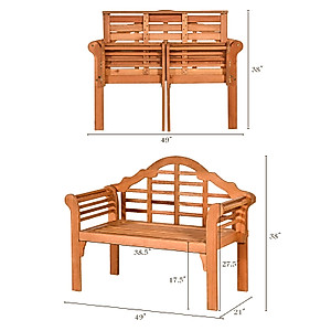 SPORFIT Classic Patio Loveseat Bench, Eucalyptus Wood, 4 FT, 2-Person, Foldable, Outdoor, Arched Back & Armrests, Natural Teak