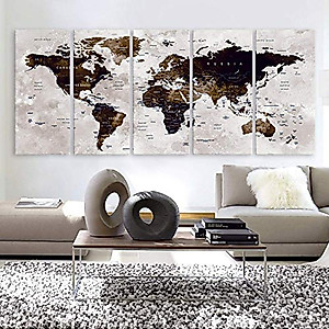 Original by BoxColors XLARGE 30"x 70" 5 Panels 30"x14" Ea Art Canvas Print Watercolor Map World Countries Cities Push Pin Travel Wall color Brown beige decor Home interior (framed 1.5" depth)