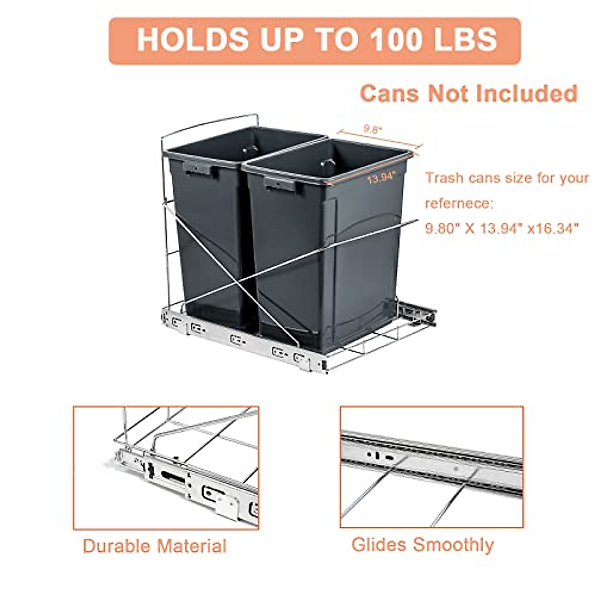 Glolaurge Pull Out Trash Can Under Cabinet (Cans Not Included), Adjustable Sliding Garbage Can Shelf, Dual Recycling Bins Hardware for Kitchen Cabinet