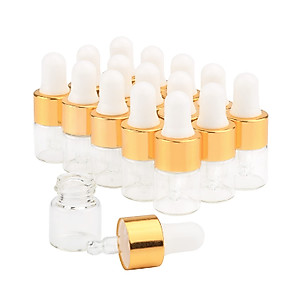 15Pcs Glass Essential Oil Dropper Bottles Clear Mini 1ml/2ml/3ml Perfume Dropping Bottle Cosmetic Sample Vials with Gold Cap and White Latex
