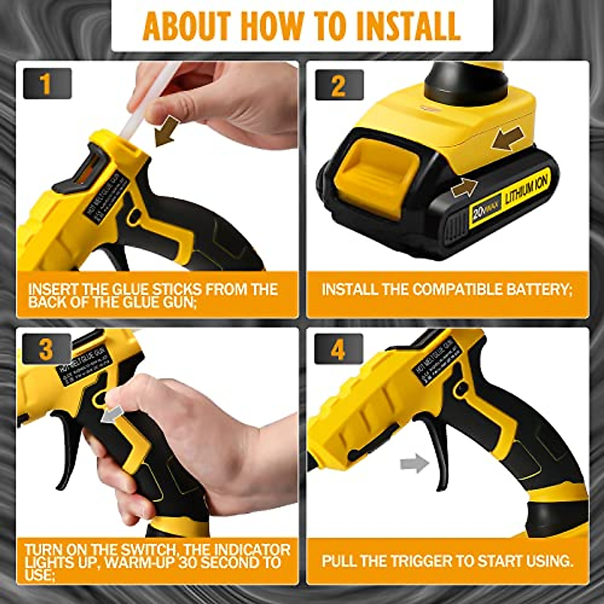 2AH Battery Cordless Hot Glue Gun for Dewalt, Suitable for Dewalt 18V Max Lithium-ion Battery, for Arts & DIY & Repairs, 30s Quick Preheat Hot Melt Glue Gun with 30 Pcs Glue Sticks(7 * 150mm)