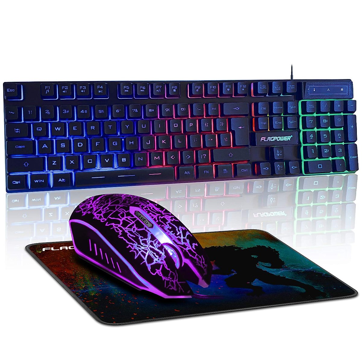 FLAGPOWER Gaming Keyboard and Mouse, Gaming Mouse Pad Combo, 3 Colors Changeable Backlit Mechanical Feeling Keyboard with 4 Colors Breathing LED Backlight Mouse for PC Laptop Computer Game and Work
