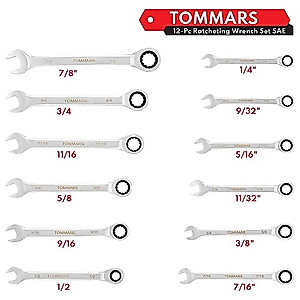 TOMMARS SAE Ratcheting Wrench Set, 1/4" - 7/8", 12-Pc Head Ratchet Combination Combo Socket Wrenches, Cr-V Steel