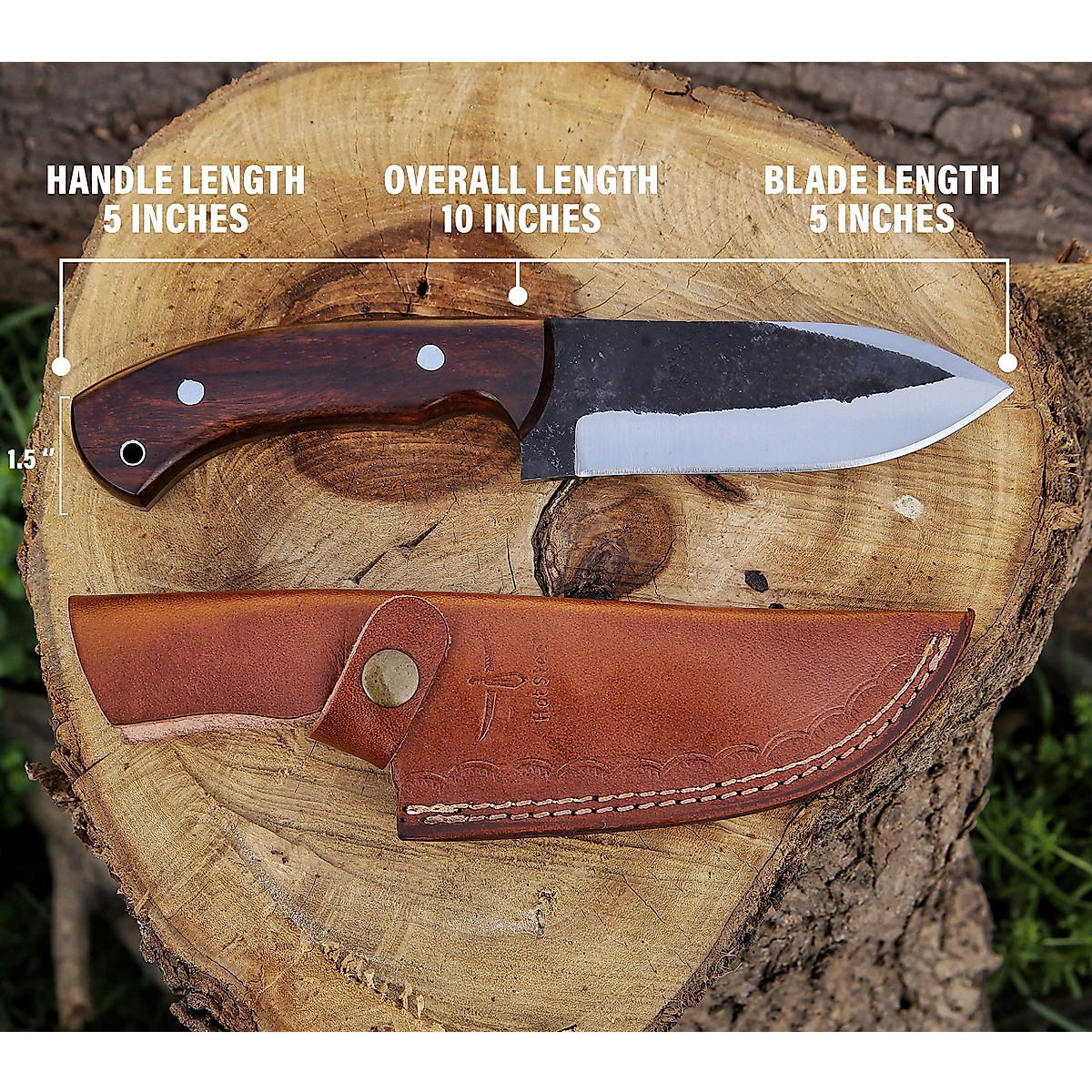 High Carbon Steel Knife - Handmade Full Tang Bushcraft Knife - Hunting Knife, Survival Knife, Fixed Blade Knife & Camping Knife - Camping Knives & Hunting Knives with Rosewood Handle & leather Sheath