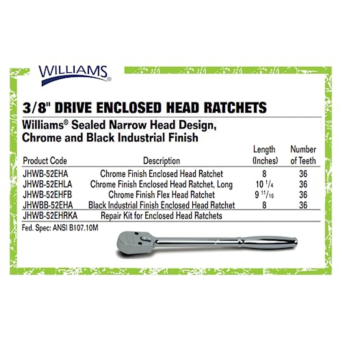 Williams B-52EHLA 3/8-Inch Drive Long Enclosed Head Ratchet