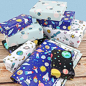 Konsait Space Wrapping Paper, Blue White Navy Bulk Packaging Paper Assortment for Birthday Party Favors Holiday Decoration DIY Crafts Supplies, 8 Sheet 27.6" x 20" Outer Rocket Gift Wrapping Paper