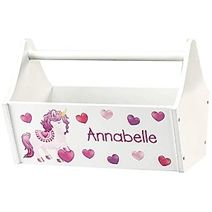 Fox Valley Traders Personalized Kids Wooden Toy Caddy, Customized Children’s Toy Storage Bin, Unicorn Hearts Design