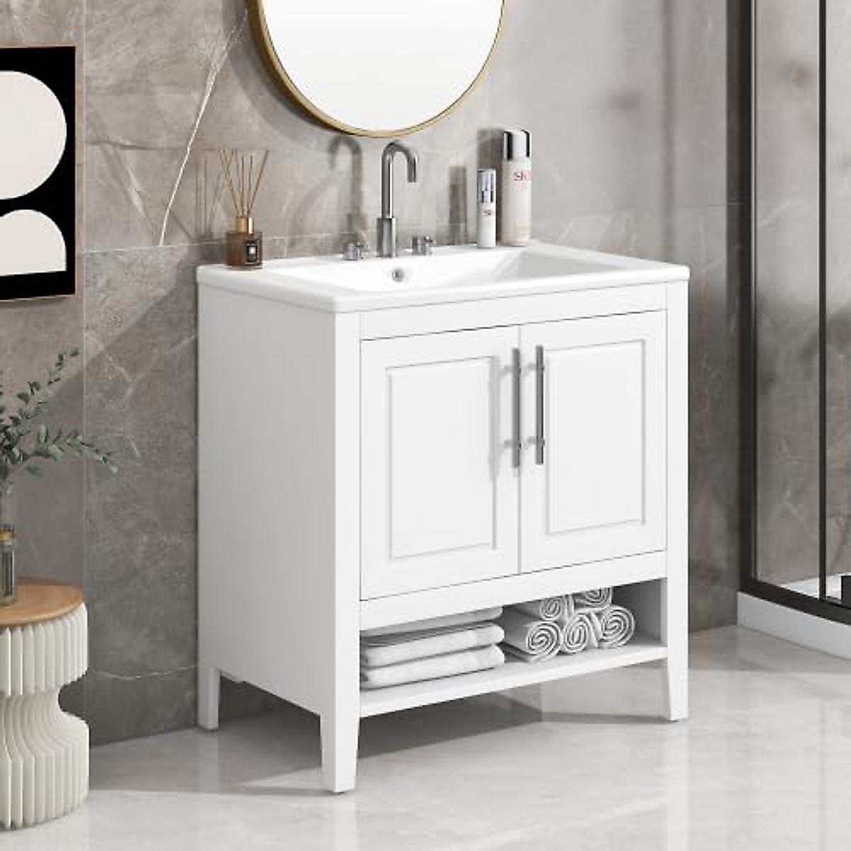 AnwickNomo 30" Bathroom Vanity with Sink Combo, Modern Multi-Functional Bathroom Cabinet with Doors and Drawers, Narrow Depth Bath Vanities,Solid Frame and MDF Board, Large Storage Space (White)