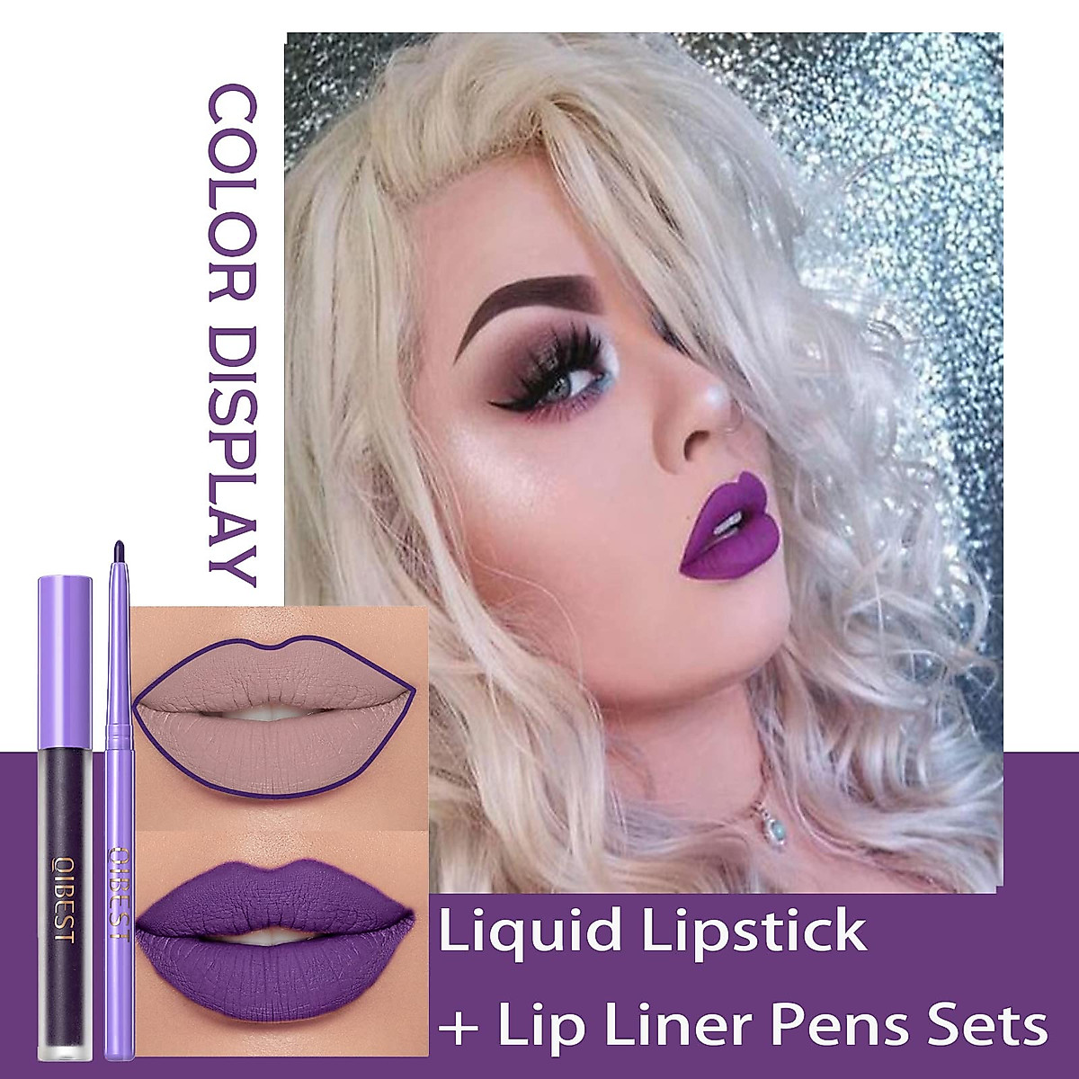 Easilydays 2 Pcs Halloween Dark Matte Liquid Lipstick + Lip Liner Pens Sets, 8 Colors High Pigmented Goth Sexy & Bold Lip Gloss, 24H Waterproof Long-lasting Matte Lipstick , Non-Stick Cup Velvety Lip Makeup for Women (Purple)