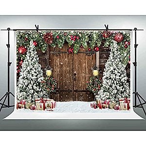 Lofaris Winter Christmas Backdrop Xmas Photography Backdrop Rustic Barn Wood Door Backdrop Xmas Tree Snow Gift Bell Kids Adult Family Supplies Banner Party Baby Shower Decoration Background 10x7ft