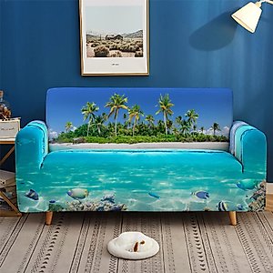 Sea Island Stretch Sofa Slipcovers, Blue Sea 3D Printed Covers Sofa 1 2 3 4 Seater, Sofa Furniture Protector Cover with 2 Free 45 * 45Cm Sofa Pillow Covers