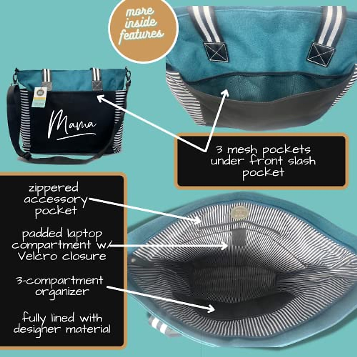 Brooke & Jess Designs Mommy Bag for Hospital - Mama Bear Mom Tote Bag - Mom Bags for Women, Maternity Gift Bags for Mamas (Mama LouLou Teal)