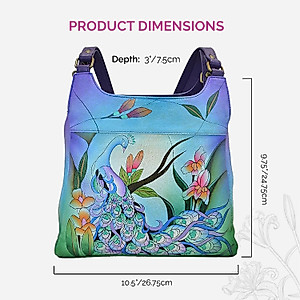 Anna by Anuschka Women’s Genuine Leather Hobo Bag | Hobo Handbag, Shoulder Bag | Great Organizer, Compact Size | Hand Painted Original Artwork (Midnight Peacock)