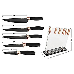 6 Piece Knife Set | 5 Beautiful Rose Gold Knives with Knife Block | Sharp Kitchen Knife Sets | Multiple Size, All Purpose Kitchen Knives | 8” Chef, Bread, & Carving Knife | Utility & Paring Knife