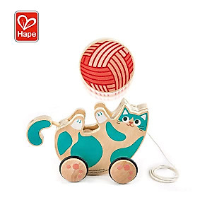 Hape Wooden Walk-A-Long Kitten Pull Toy| Roll & Rattle Push Pull Toy for Toddler| Montessori Toys for Walking Toddlers, Green