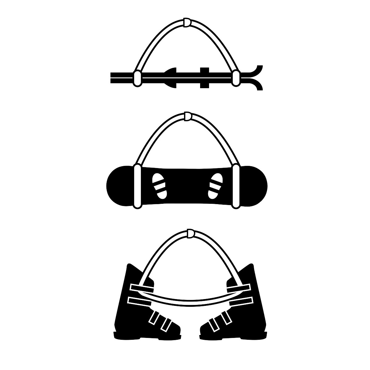 Carrier strap for single or multiple pairs of skis, poles, boots or snowboards