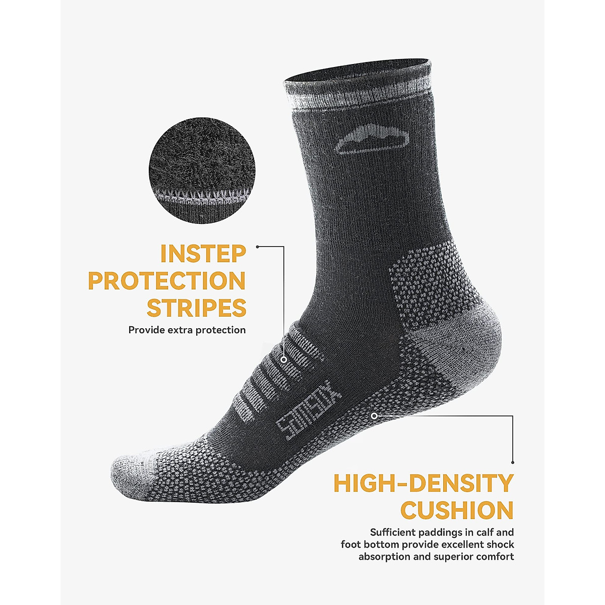 SAMSOX 2-Pack Merino Wool Hiking Sock, Made in USA, Black/Grey L