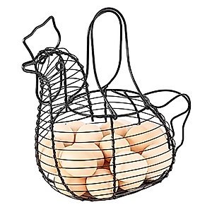 Flexzion Chicken Egg Holder, Small Wire Egg Collecting Basket with Handle for Farm Eggs, Fruits, Vegetables, Metal Wire Chicken Basket Decor for Kitchen, Countertop, Farmhouse Rustic Style, Black