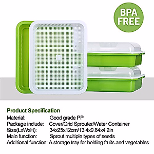 LeJoy Garden Seed Sprouter Tray BPA Free PP Soil-Free Big Capacity Healthy Wheatgrass Grower with Lid Sprouting Kit 13.4x9.84x4.72 inches(LxWxH)