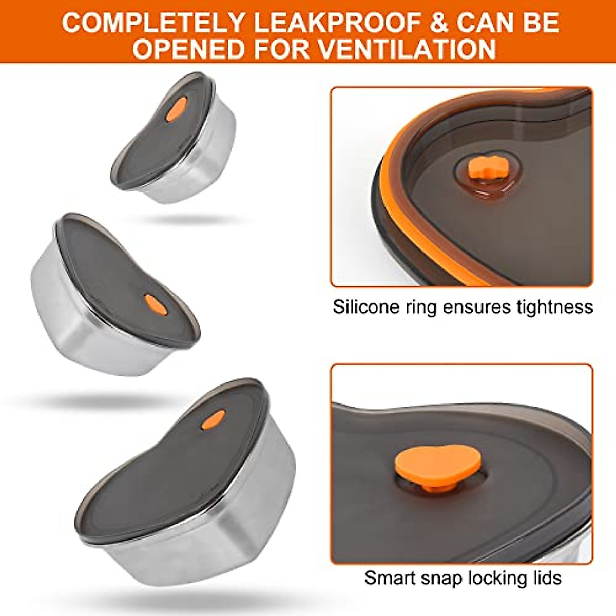 MOMULL Large Stainless Steel Food Containers With Lids, 3-Piece Set of Heart-Shaped Snack Containers, 304 Stainless Steel Lunch Container, Bento Box for Kids, Metal Leak-Proof Food Storage Containers