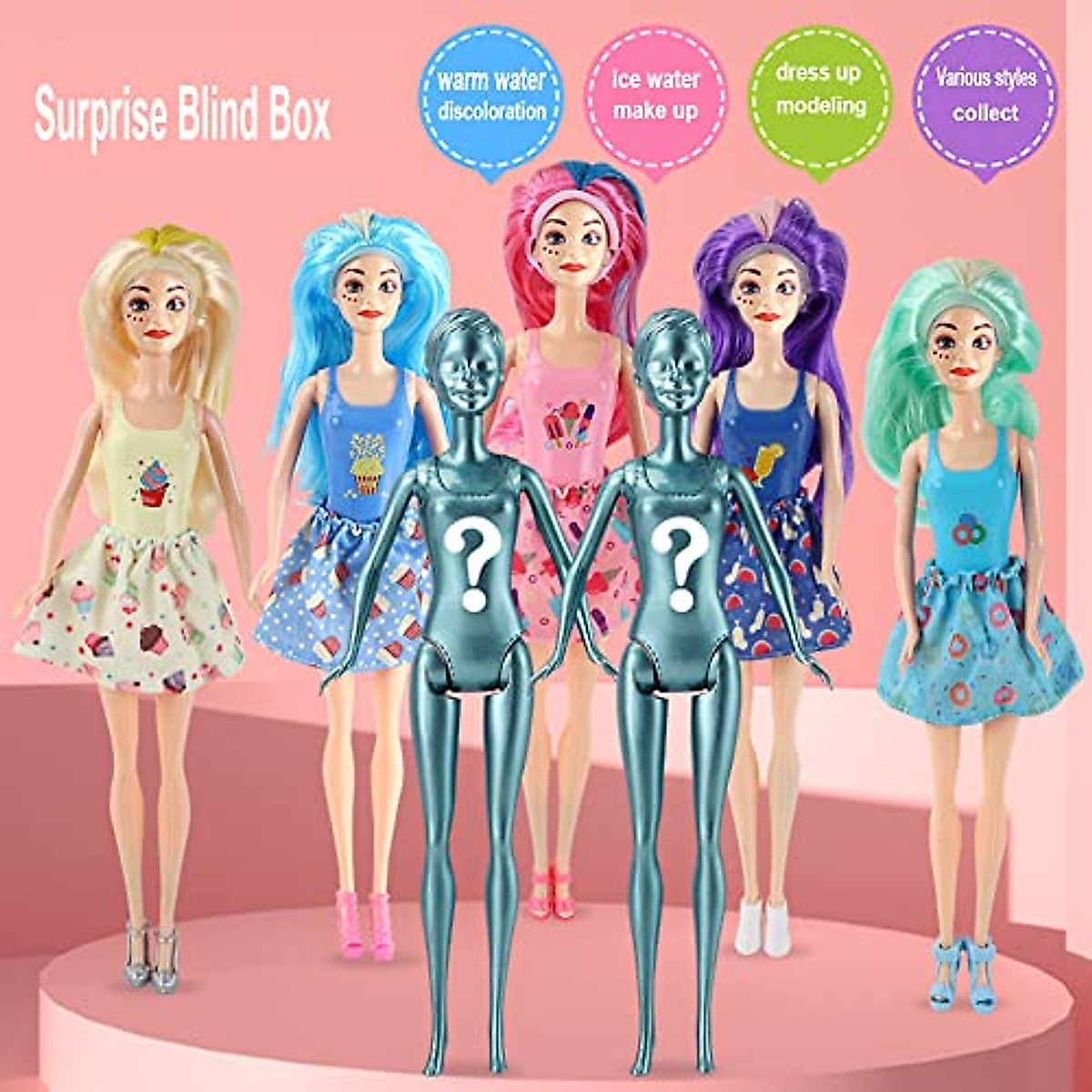 Princess Barbies Color Reveal Doll Blind Box 7 Surprises: 4 Mystery Bags; Water Reveals Doll’s Look & Color Change on face & Hair; Party Series; [Styles May Vary]