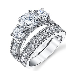 1.25 Carats Sterling Silver Past Present Future 2-Pc Bridal Set Cubic Zirconia Engagement Wedding Ring Band