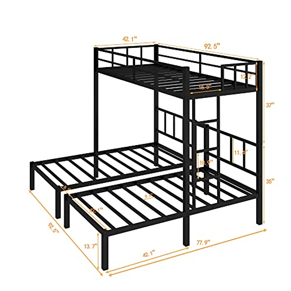 DHHU Triple Twin Bunk Bed, Metal Bunk Bed, Metal Bed Frame, Suitable for Bedroom, Apartment, Dorm, Space-Saving, Black