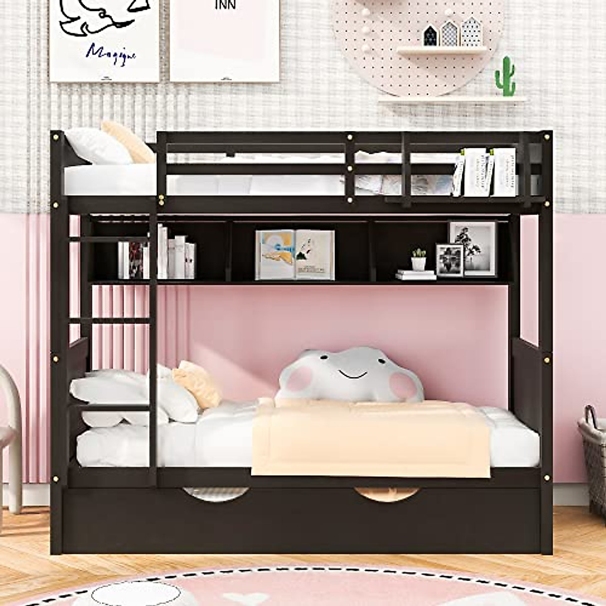 HBRR Twin Over Twin Bunk Bed with Trundle and Bookshelf, Wooden Separable BunkBed Frame for Kids Teens Adults, No Box Spring Needed, Espresso