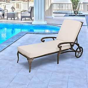 VINGLI Cast Aluminum Outdoor Chaise Lounge Chair with Wheels, Patio Chaise Lounge with 3-Position Adjustable Backrest, Outdoor Tanning Chair Patio Lounge Chair (Bronze, with Cushion)