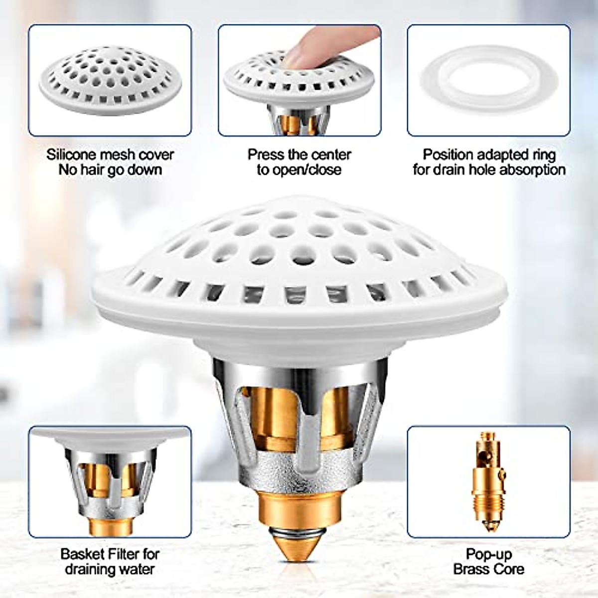 Uxoz Sink Stopper, 2-in-1 Bathroom Sink Stopper with Silicone Hair Catcher, Anti Clogging Sink Drain Strainer, Match for 1.06 to 1.97 Inch Sink Drain Hole