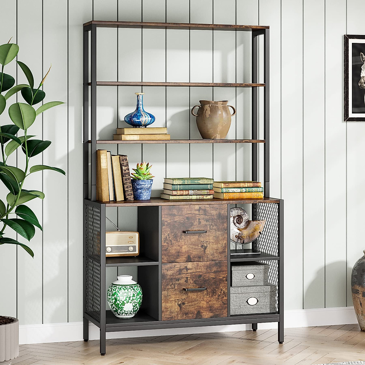 Tribesigns 2-Drawer File Cabinet for Letter Size, 6-Tier Vertical Filing Cabinet with Bookshelf Tall, Large Industrial Printer Stand with Open Storage Shelves for Home Office, Rustic Brown
