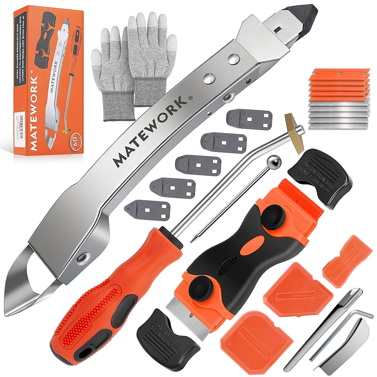 Caulking Tool Kit, Stainless Steel Caulk Remover Caulking Tool Set with Cut Resistant Gloves, Scraper, Silicone Caulking Tools, 4 in 1 Caulking Finishing Tool for Bathroom Kitchen Living Room
