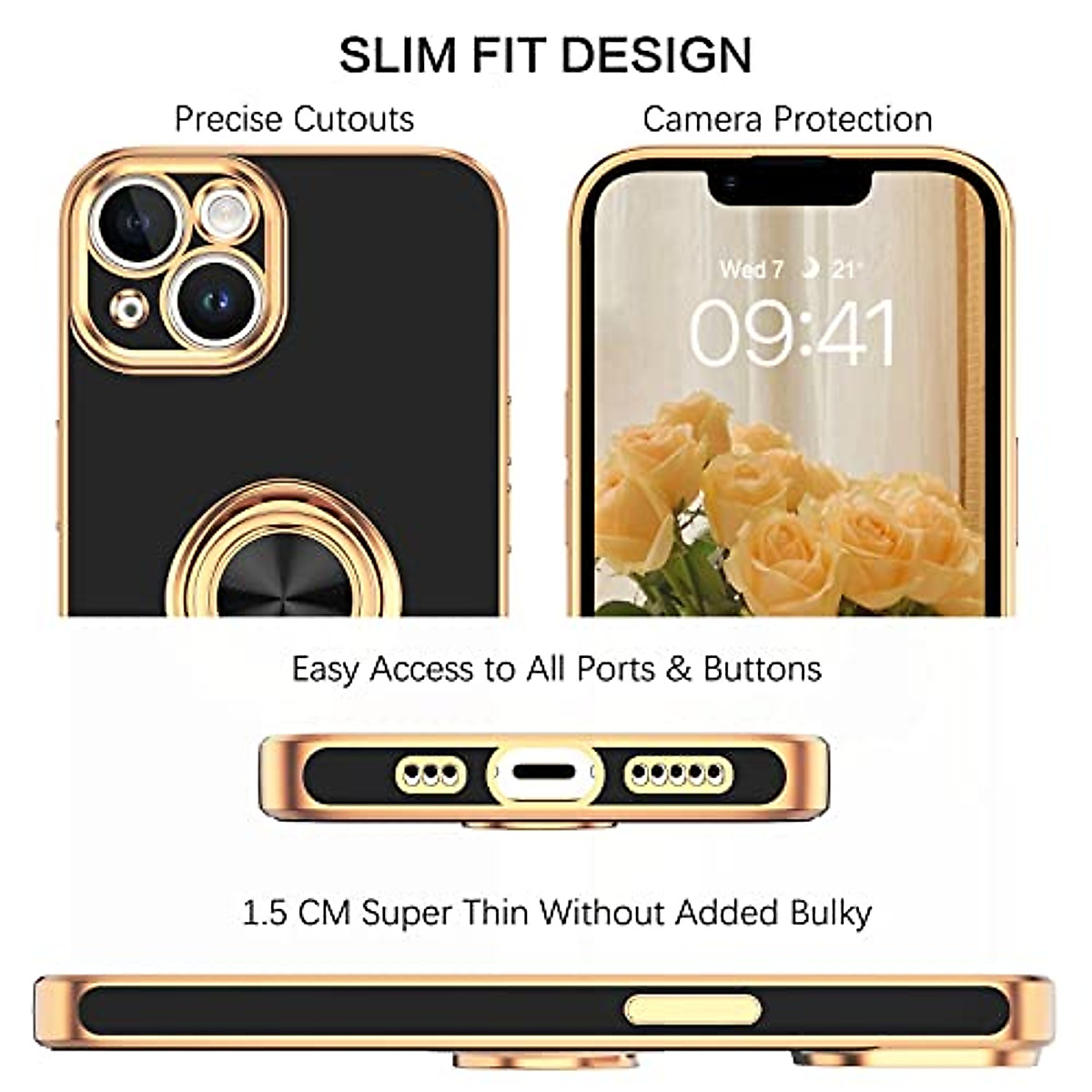 VENINGO iPhone 14 Case,Phone Cases for iPhone 14,Slim Fit Soft 360° Ring Holder Kickstand Magnetic Car Mount Supported Easy Clean Shockproof Protective Cover for Apple iPhone 14 6.1" 2022,Black/Golden