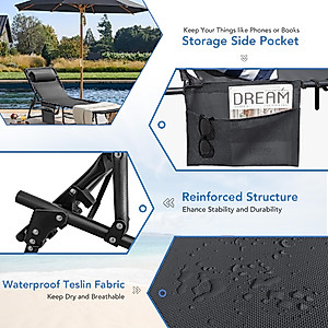 Flamaker Foldable Chaise Lounge Chair 5-Position Adjustable, Tanning Chair with Side Pocket, Outdoor Sunbathing for Pool, Beach, Patio, Lawn, Indoor Recliner Chair for Napping(Grey, 1 Pcs)