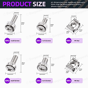 Swpeet 80Packs 4 Sizes M5 M6 Silver Computer Mount Cage Nuts and Screws with Metal & Plastic Washers Assortment Kit, Square Hole Hardware Cage Nuts & Mounting Screws Washers for Rack